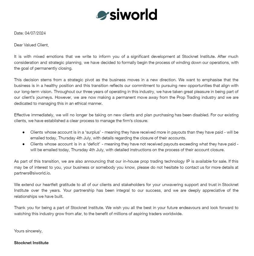 Prop firm Stocknet Institute (SIworld) shuts down - FX News Group